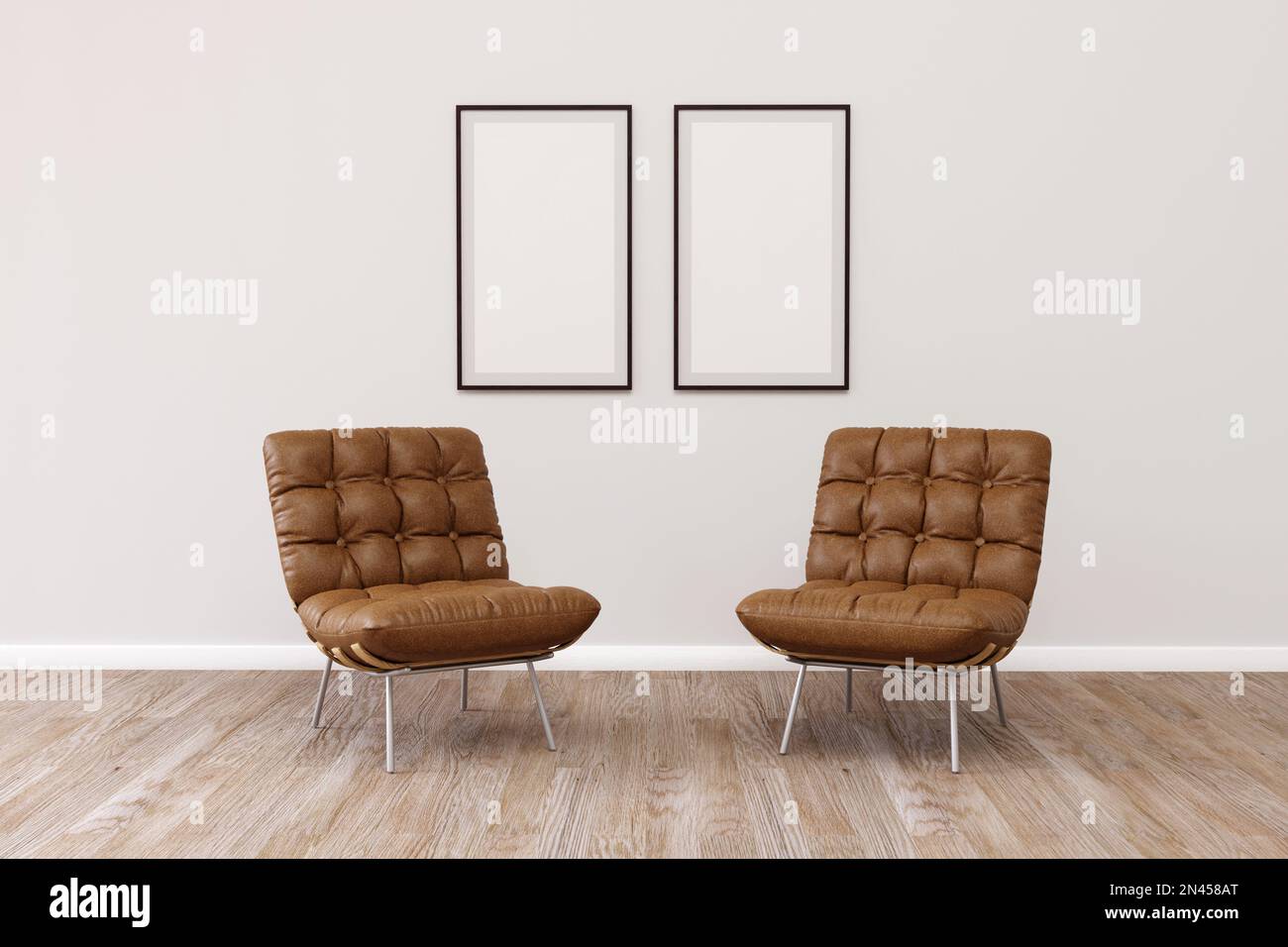 Modern room design with two brown leather armchair and two frames on ...