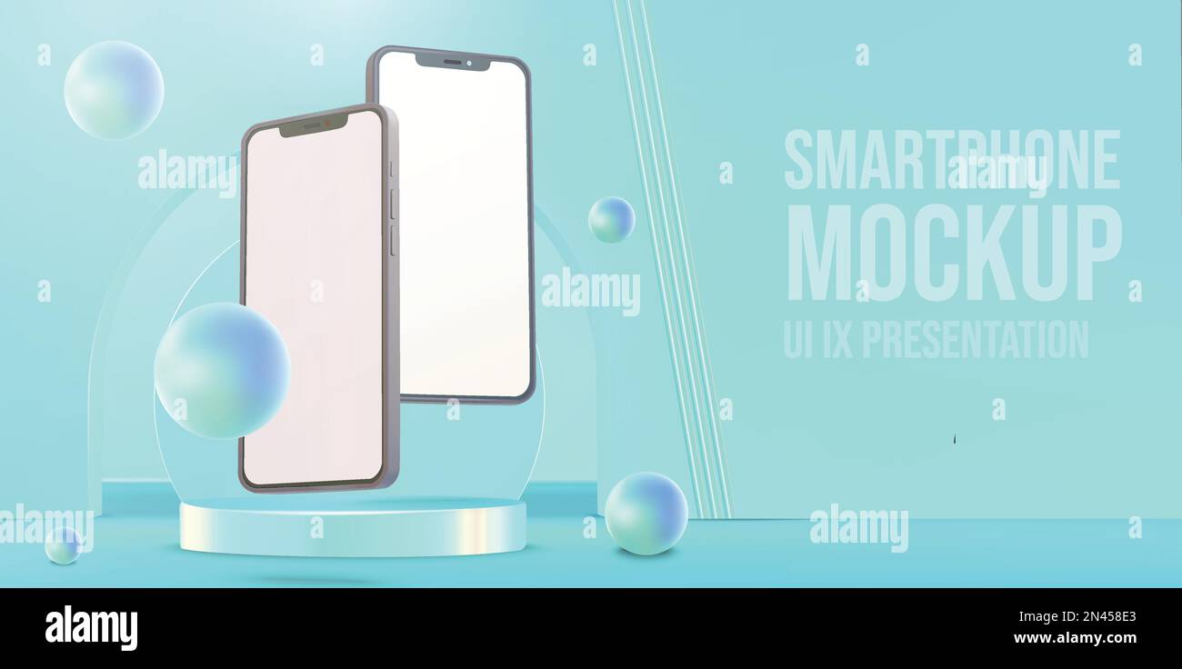 Vector 3D smartphones and podium mockup with arch and spheres Stock ...