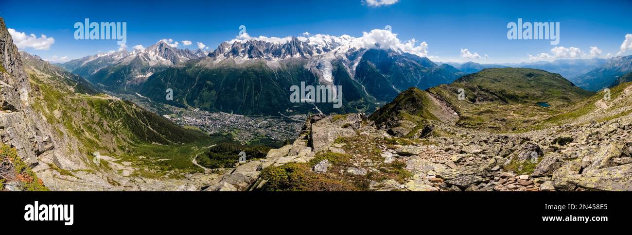 Panoramic aerial view on the town of Chamonix and the Mont Blanc massif, seen from Le Brevent ...
