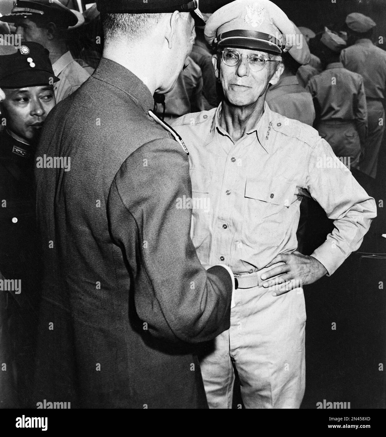 General Joseph Stilwell, right, Tenth Army commander on Okinawa, chats ...