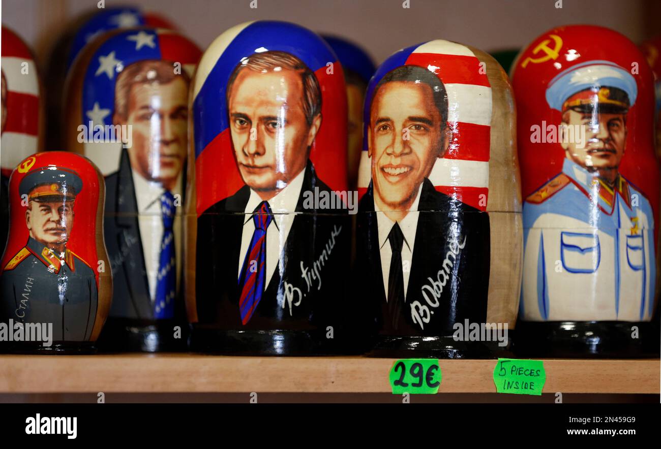 A traditional Russian Matryoshka wooden doll depicting US President ...