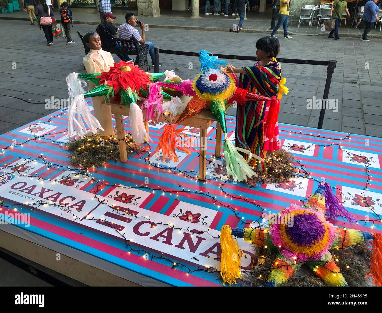 Figures in regional dress of the Cuenca Region in a Christmas display ...