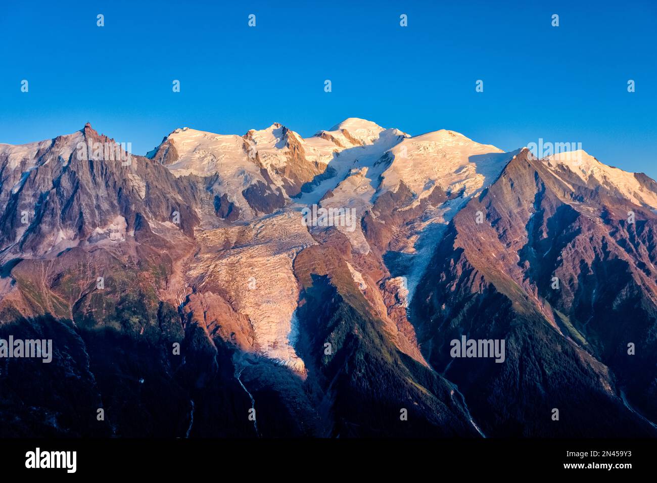 The summits of Aiguille du Midi, Mont Blanc du Tacul, Mont Maudit, Mont Blanc and Dome du ...