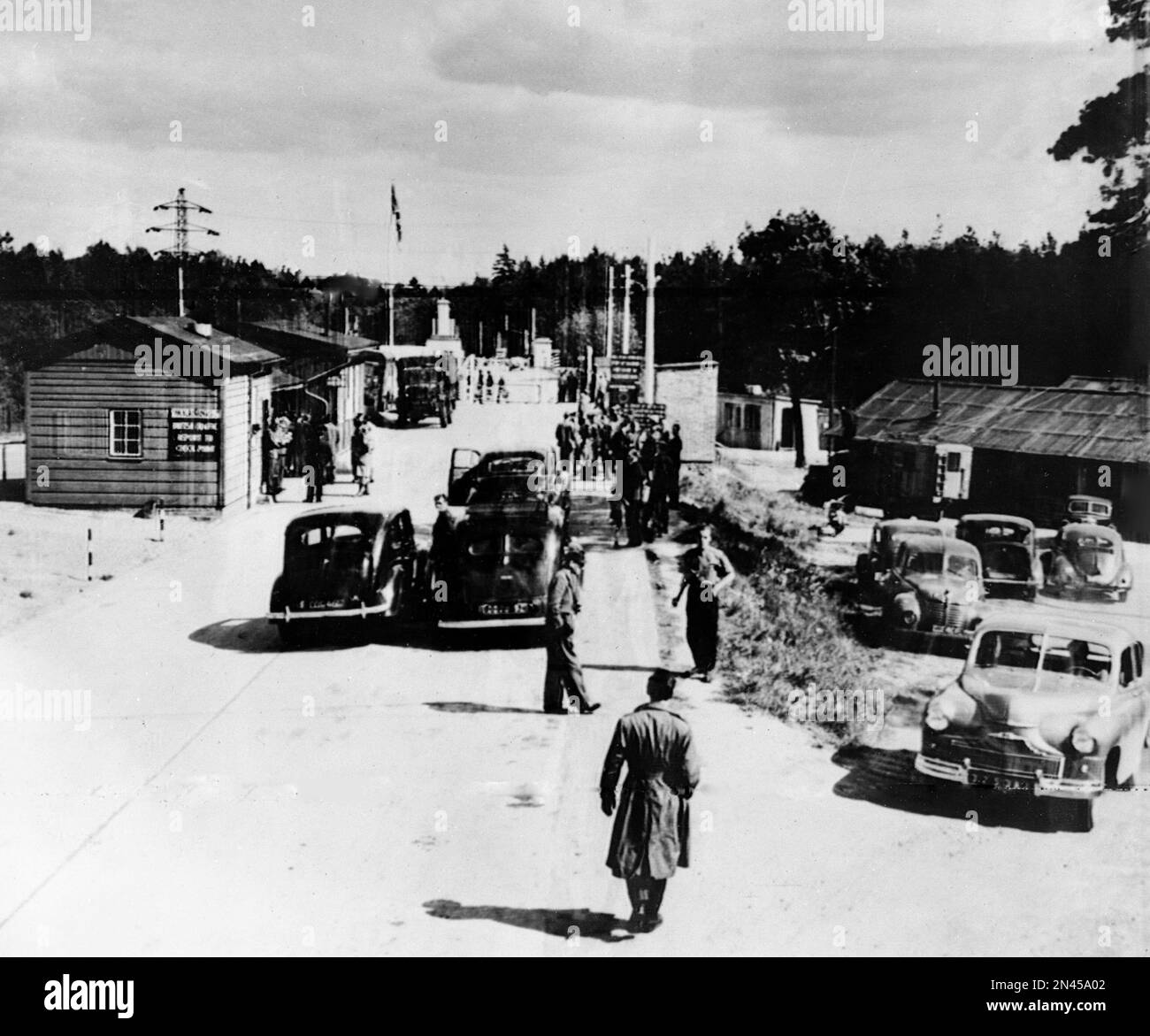 Allied motor cars stand on the autobahn at Helmstedt, Germany ...