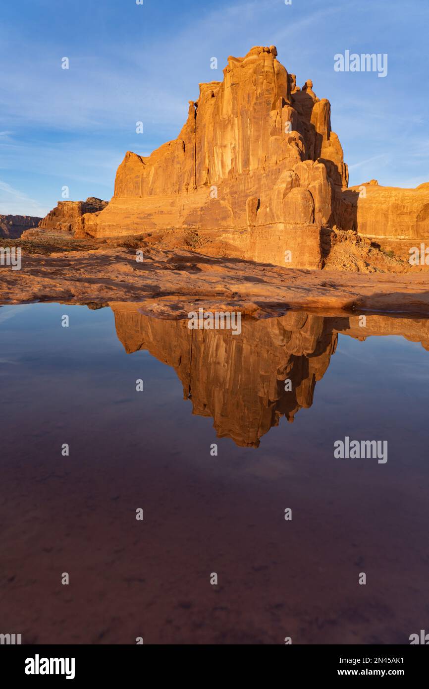 Entrada sandstone rock formation reflected in a rainwater pool in ...