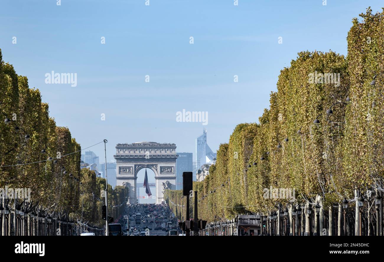 The Champs Elysees avenue heading to the Arc de Triomphe in Paris ...