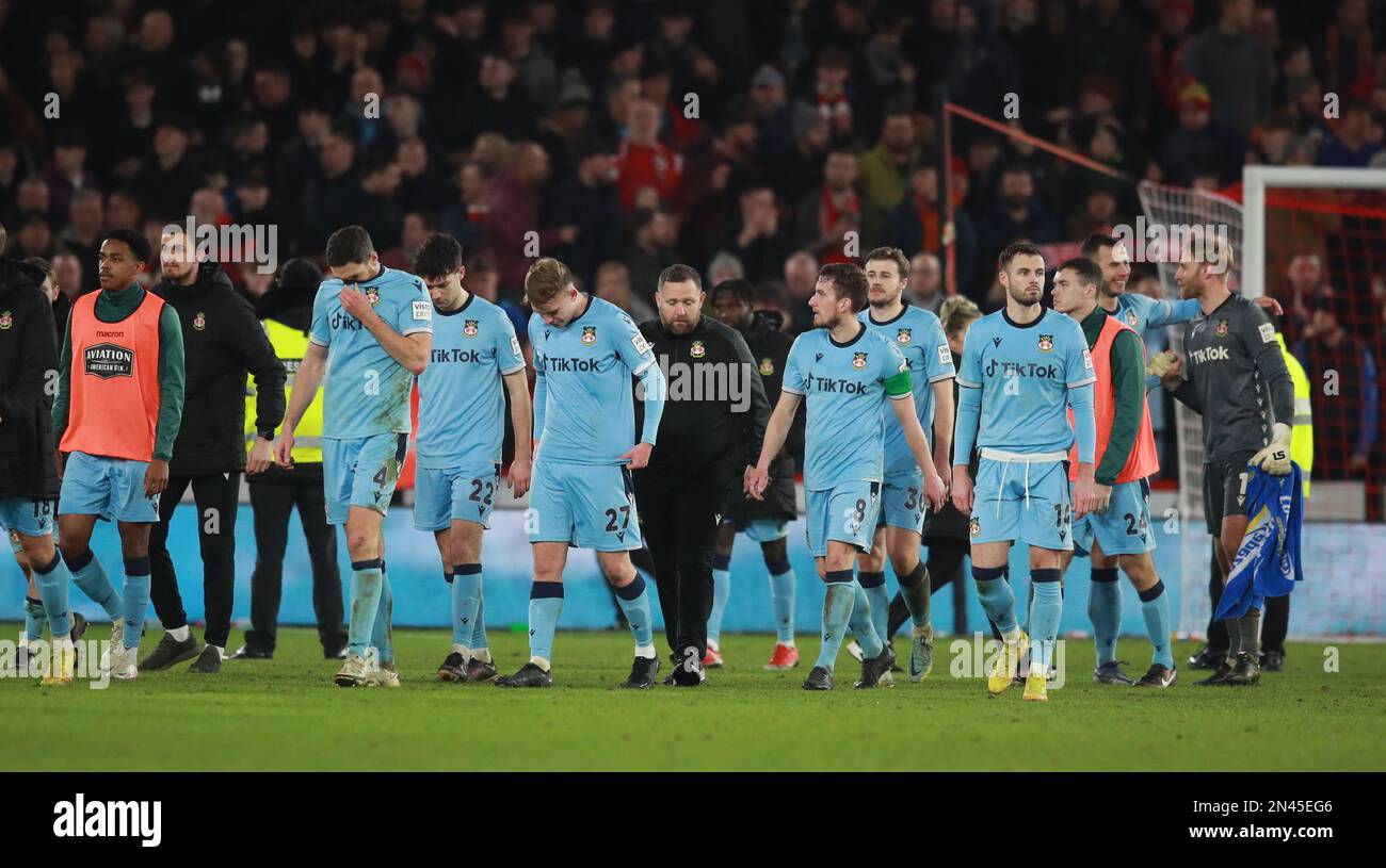 Sheffield, England, 7th February 2023. Dejected Wrexham team during the ...