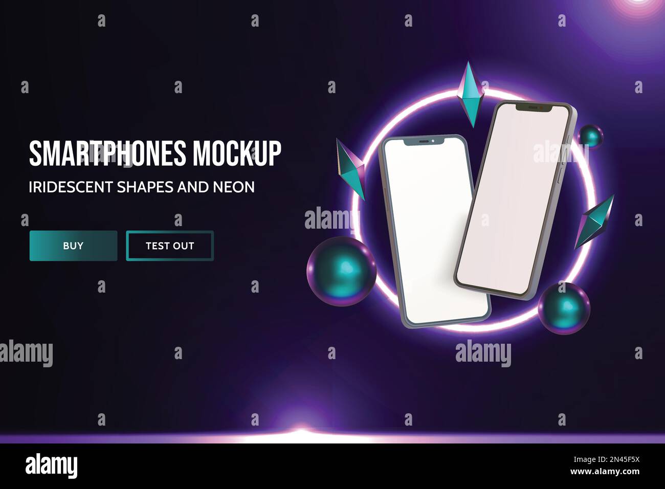 Realistic vector smartphone mockup with 3D iridescent shapes and neon ...