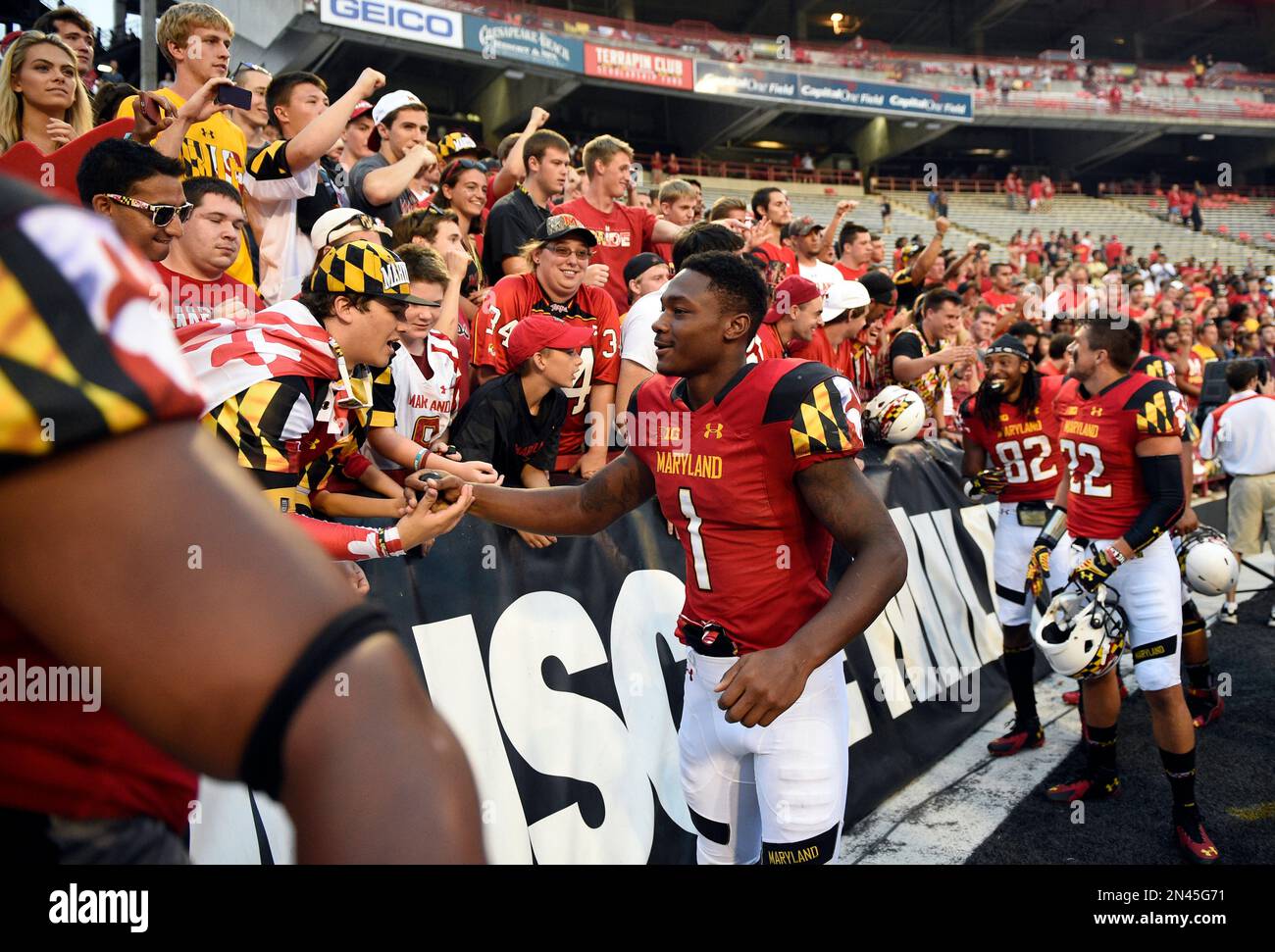 Maryland wide receiver Stefon Diggs (1) meets with fans after a win ...