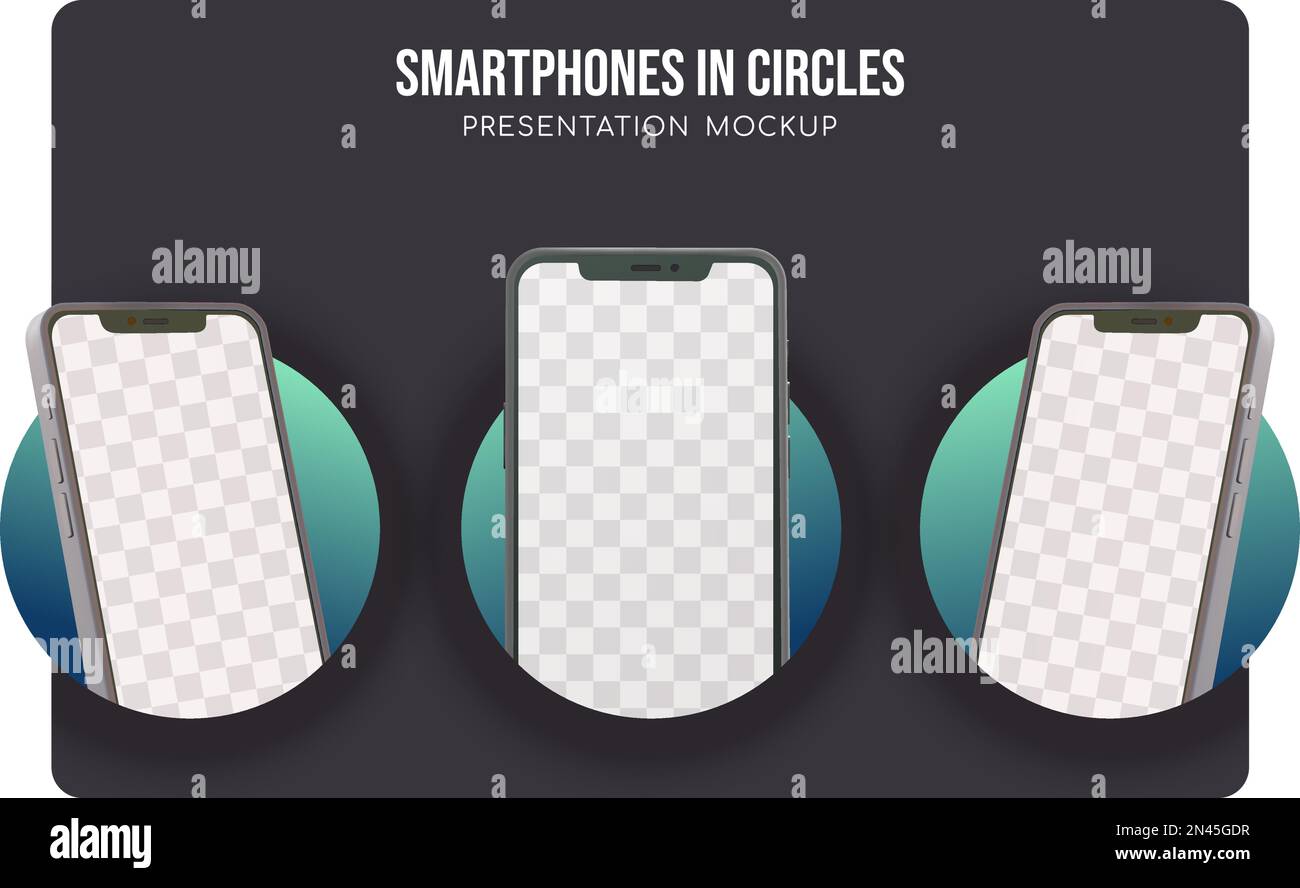 Smartphones popping out from gradient circles mockup on dark background ...