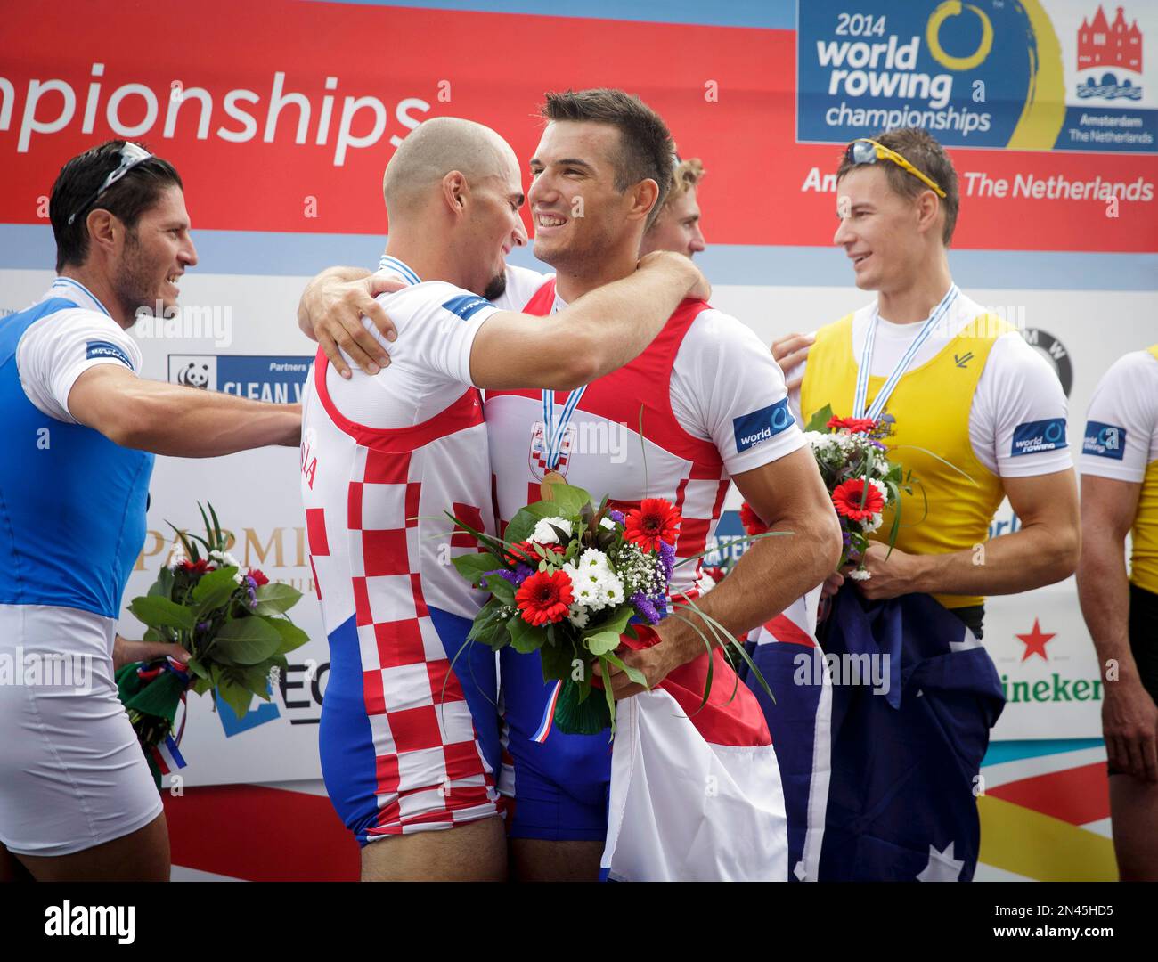 Croatia's Martin Sinkovic, center left, and Valent Sinkovic celebrate ...