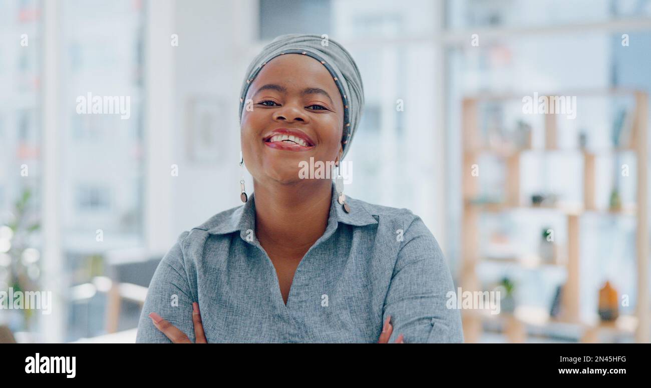 Face, black woman and arms crossed in office, business and leadership ...