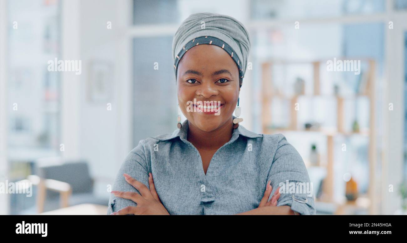 Face, black woman and arms crossed in office, business and leadership ...