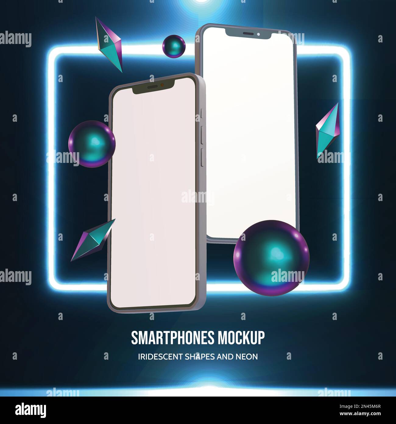 Realistic vector smartphones mockup with iridescent 3D shapes and neon ...