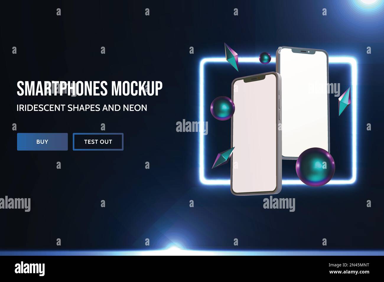 Two smartphones devices mockup with iridescent 3D shapes and neon frame ...