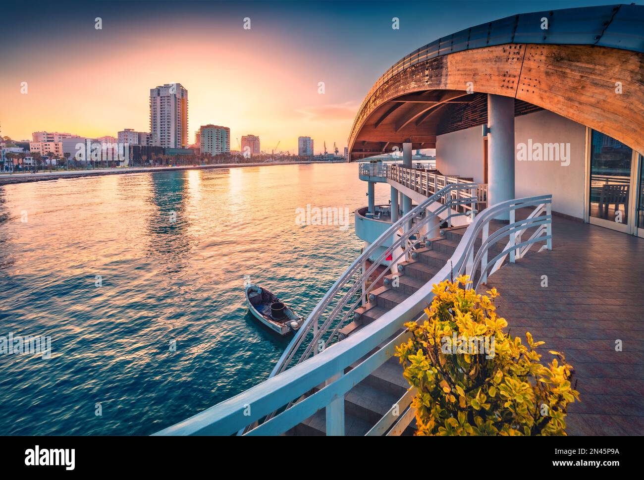 Spectacular sunrise in Durres, port city on the Adriatic Sea in western ...