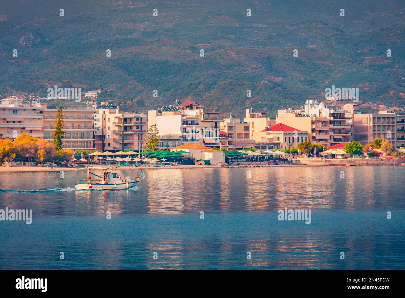 Adorable morning cityscape of Kalamata port with old vessel. Splendid ...