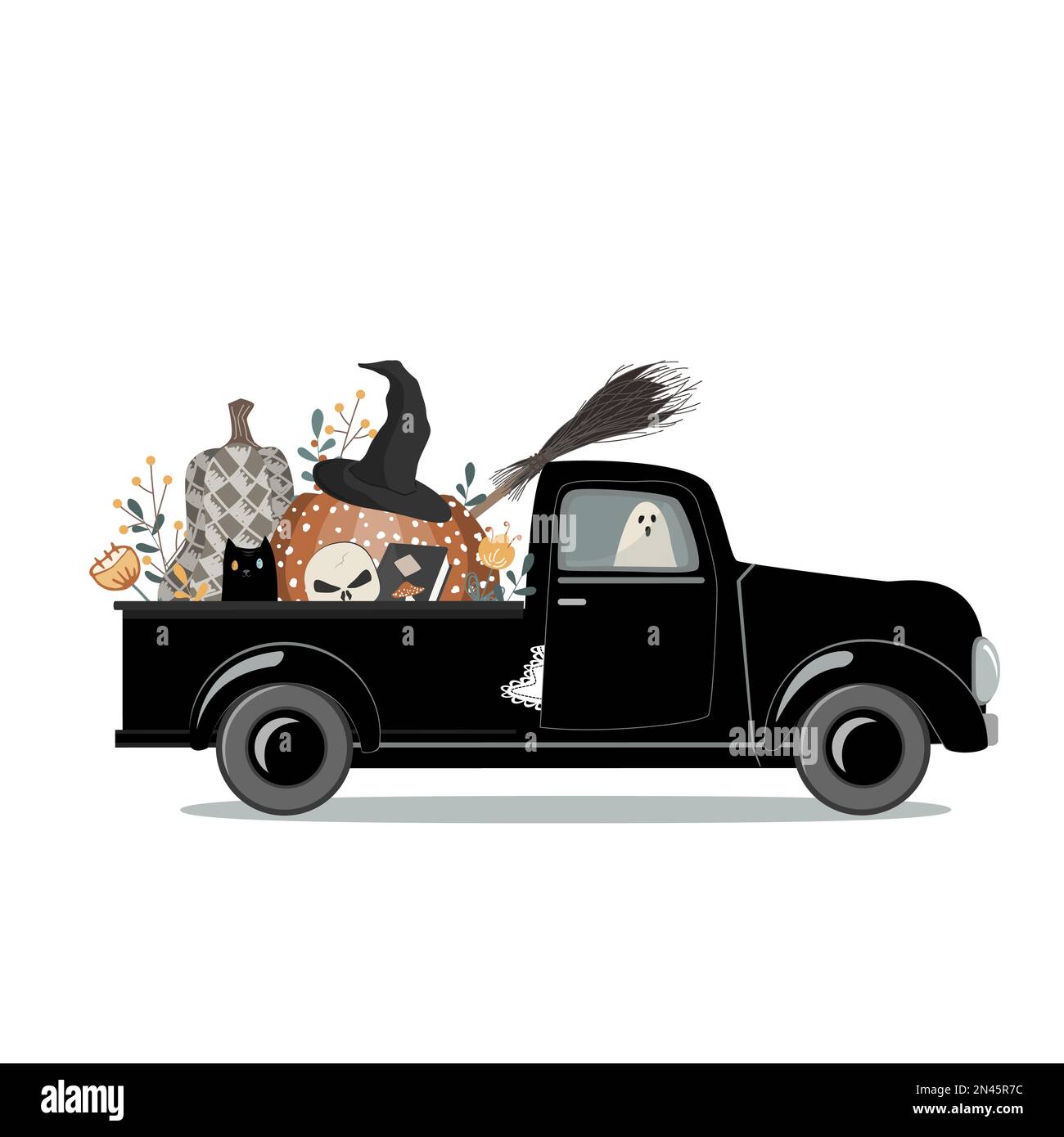 Truck or Treat Halloween Spooky Pick-up Vector. Cute characters bat ...