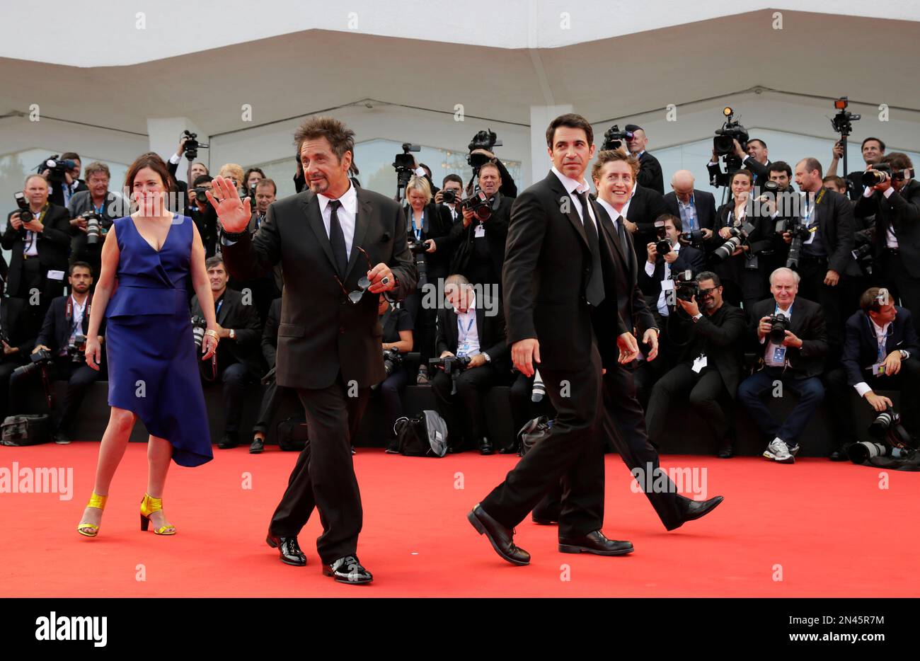 From left, producer Lisa Muskat, actor Al Pacino, actor Chris Messina ...