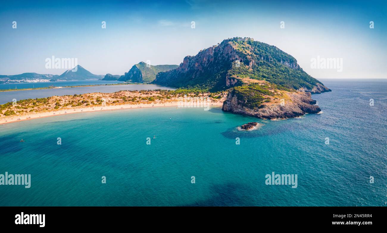 Azure summer view of Voidokilia Beach. Panoramic morning seascpae of ...