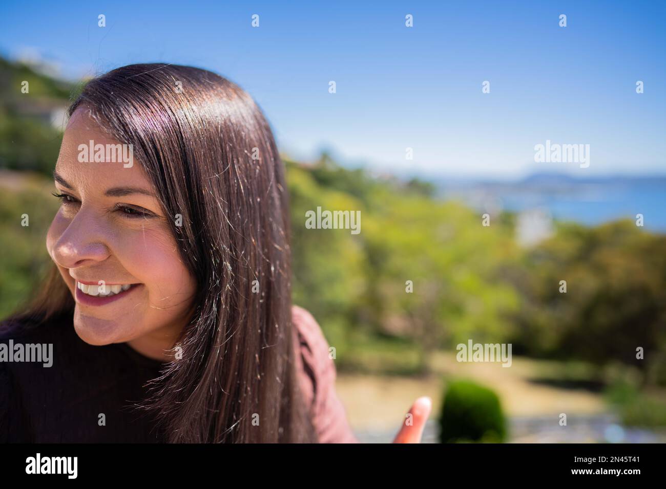 Beautiful girl brushing hair, model styling black hair getting ready to ...