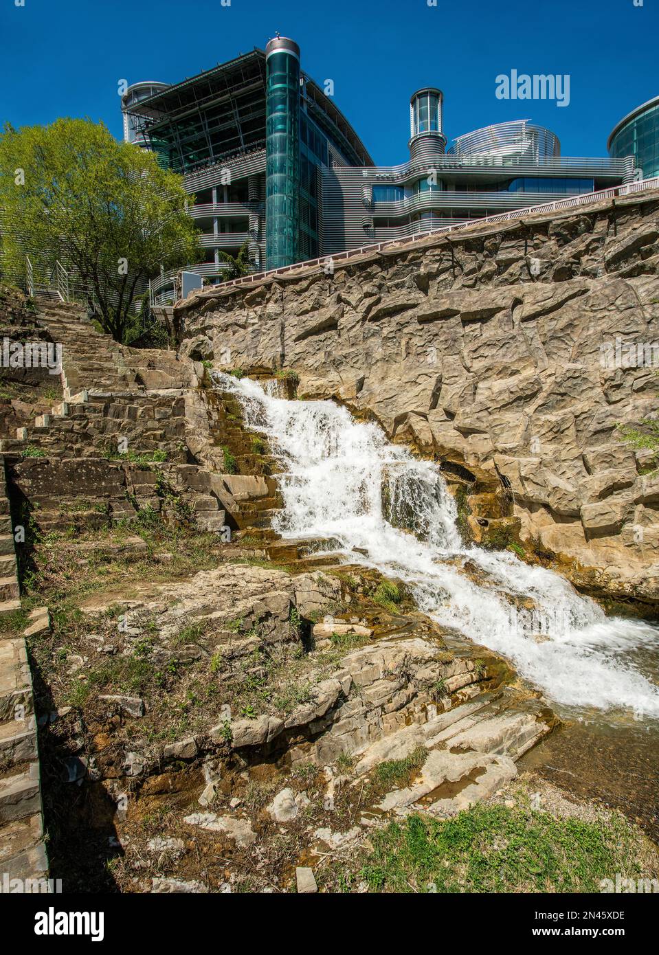 Panorama of Fantastic Waterfall and futuristic building (maybe hotel ...
