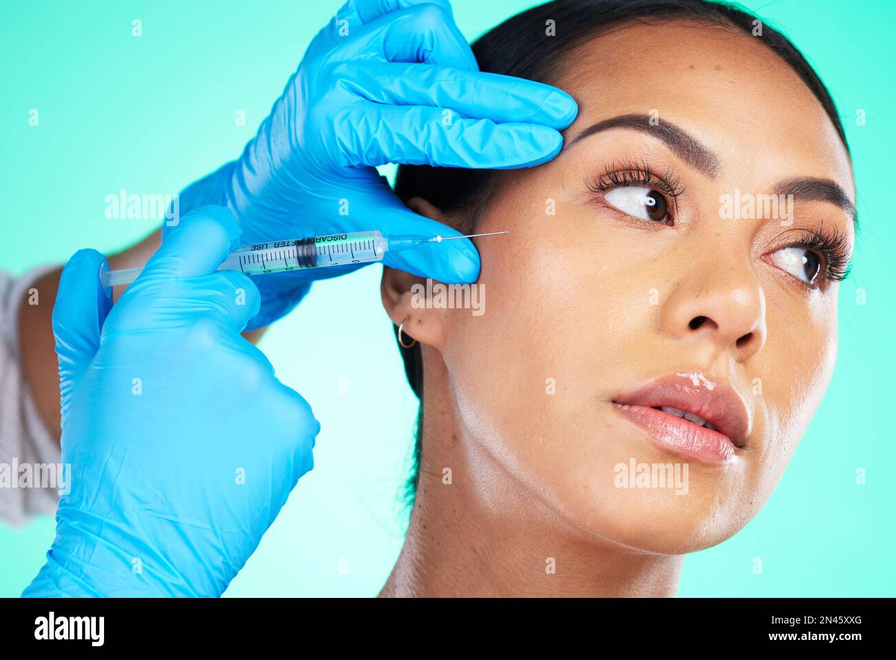 Skincare, black woman and injection for cosmetics, treatment and girl ...