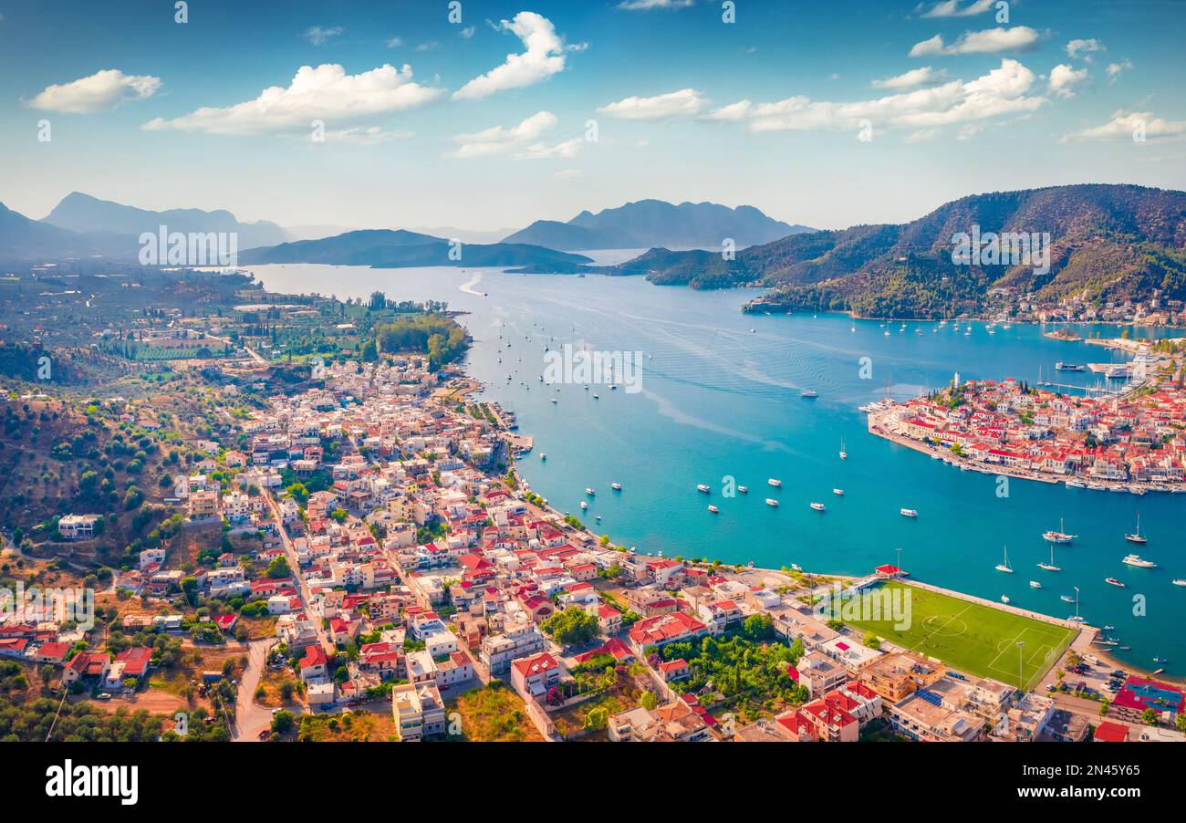 Spectacular summer cityscape of Galatas town with public stadium ...
