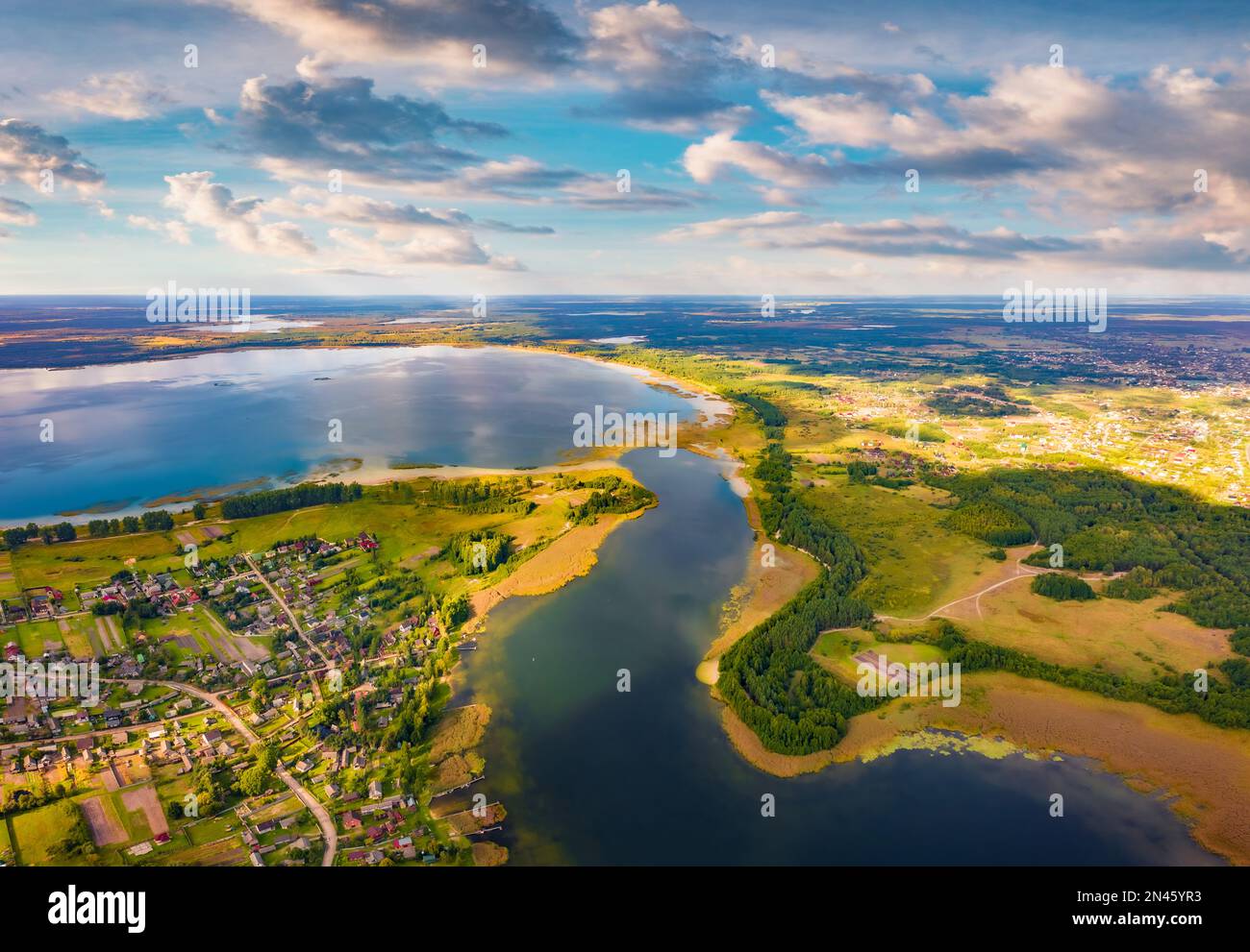 Colorful summer view from flying drone of Svityaz Lake. Spectacular ...