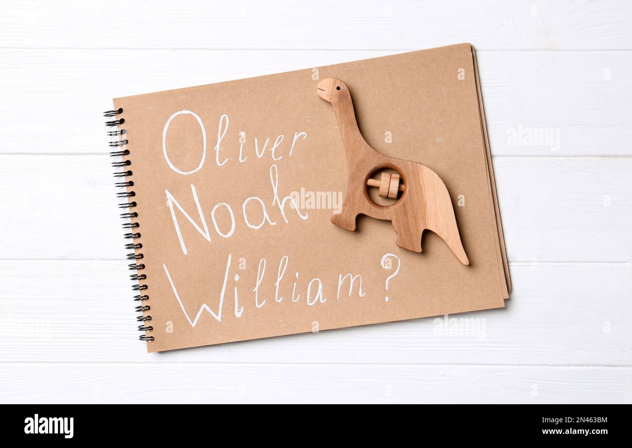 Notebook with different baby names and wooden dinosaur toy on white ...