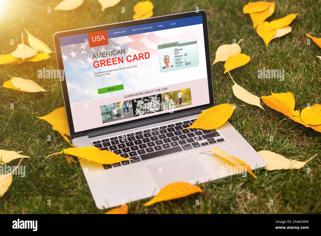 laptop with green cards Application Stock Photo - Alamy