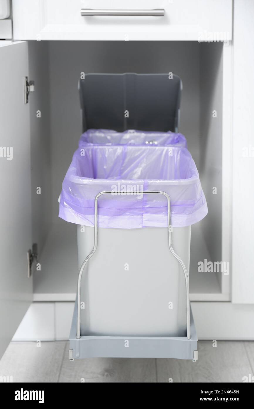 Open cabinet with trash bins for separate waste collection in kitchen ...
