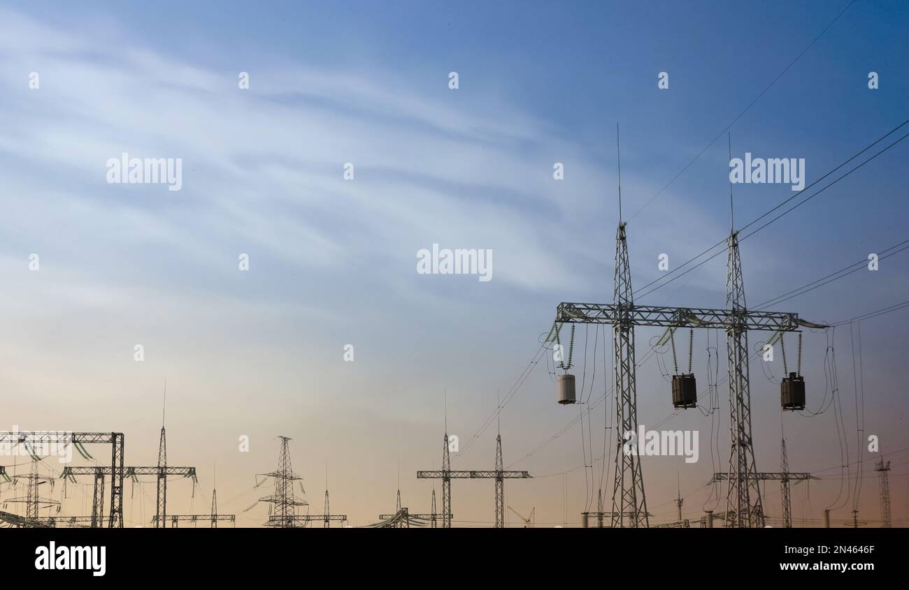 Modern electrical substation at sunset, low angle view Stock Photo - Alamy