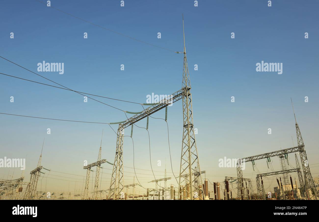 Modern electrical substation on sunny day, low angle view Stock Photo ...