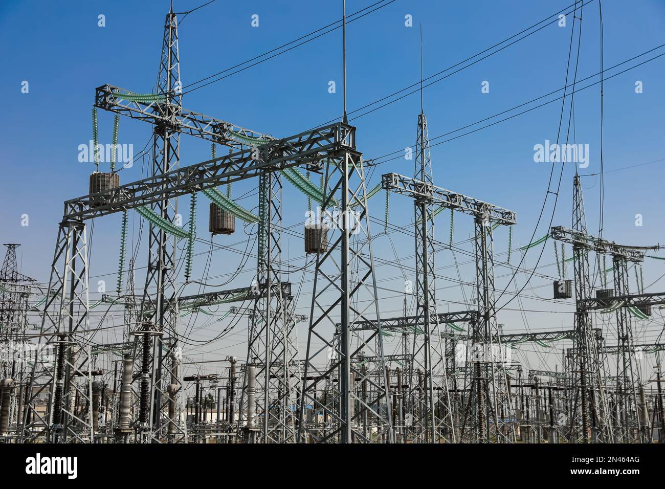 Modern electrical substation on sunny day, low angle view Stock Photo ...
