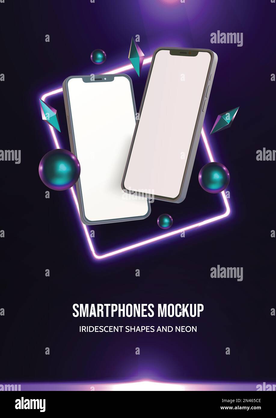 Realistic smartphone mockup with iridescent 3D shapes and glowing neon ...