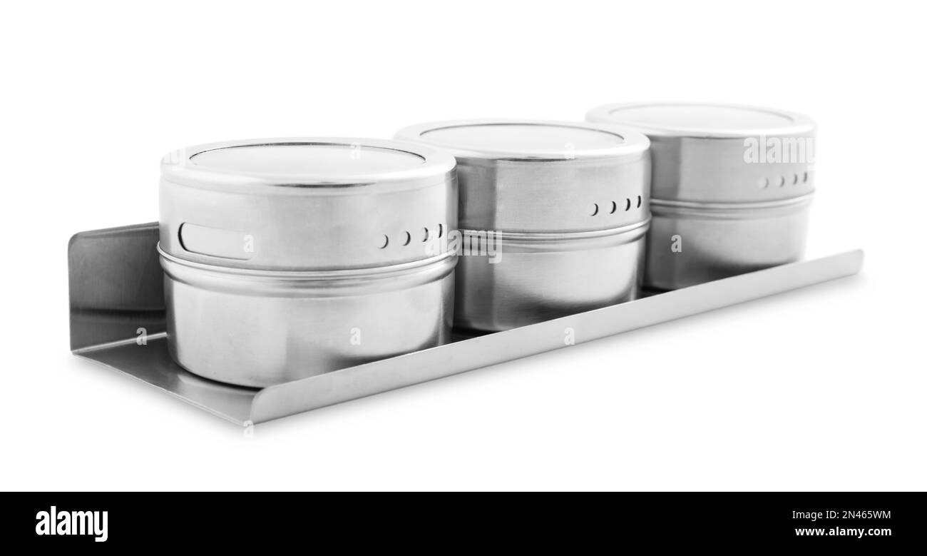 Set of magnetic containers for spices isolated on white Stock Photo - Alamy