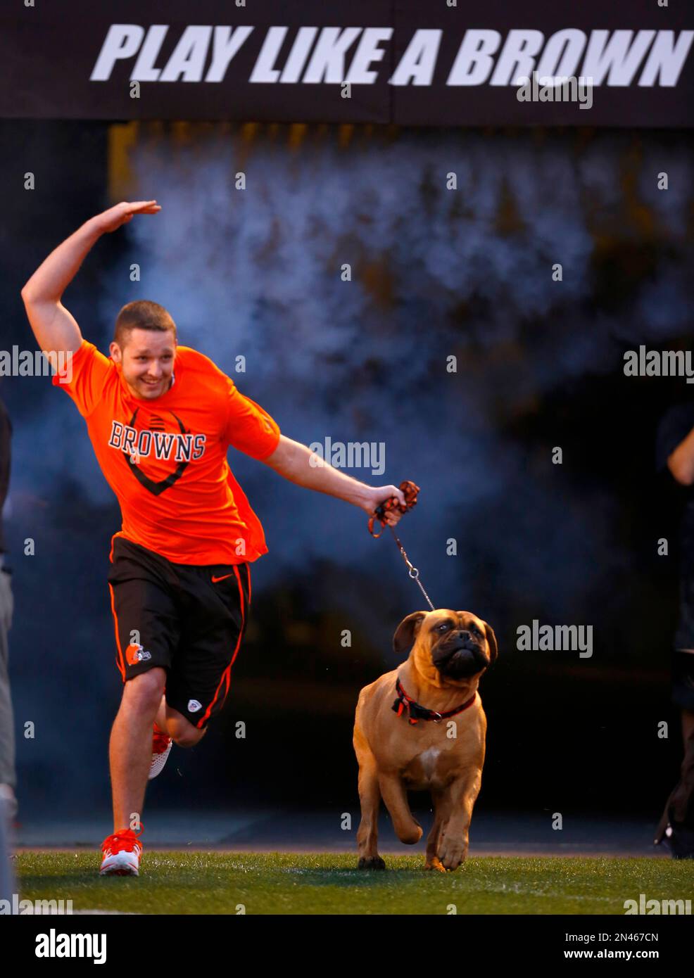 Browns new live dog mascot, "Swagger" runs onto the field during a ...