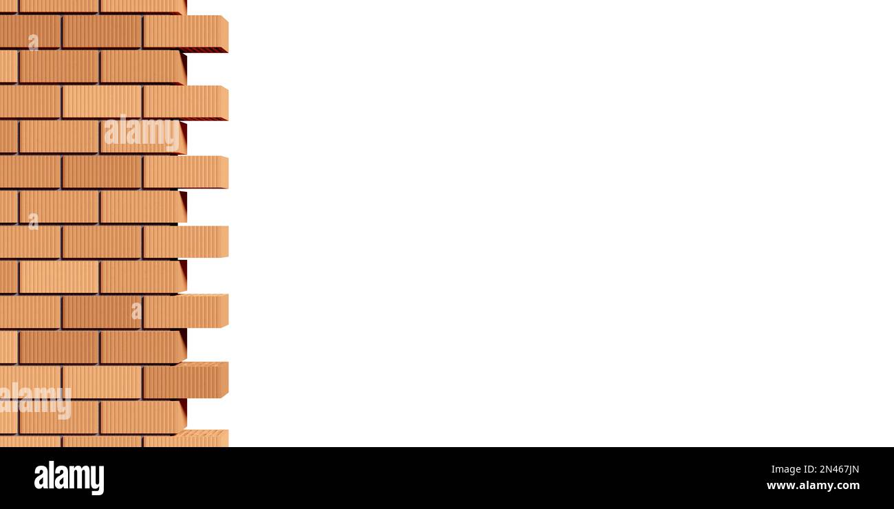 Straight masonry bricks wall border or edge isolated on white ...