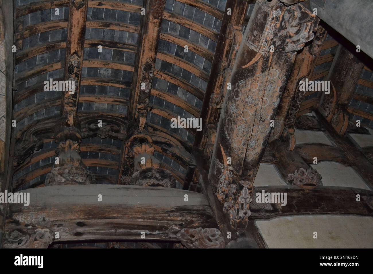 The ceiling of an ancient building in Chengkan, a tradional village ...