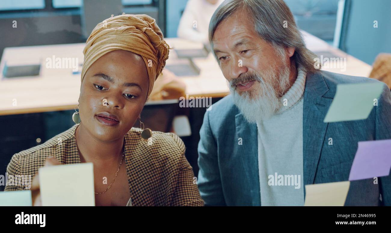 Planning, brainstorming and business people training with sticky note, coaching idea and ...