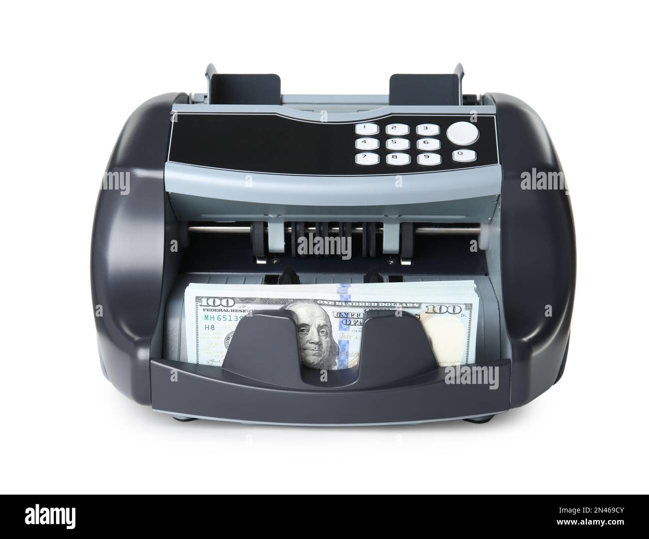 Modern electronic bill counter with money isolated on white Stock Photo ...