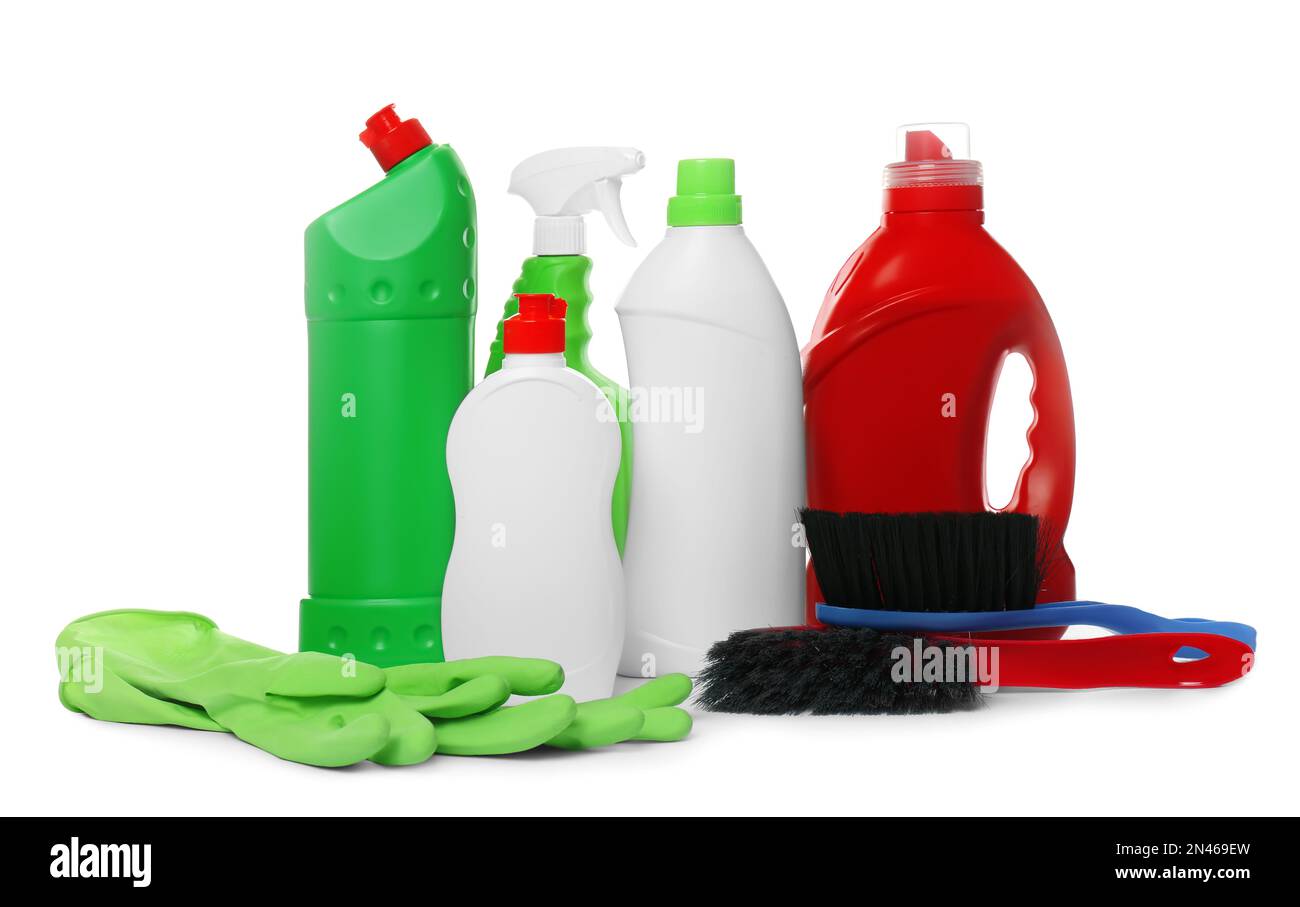 Different cleaning products and tools on white background Stock Photo ...