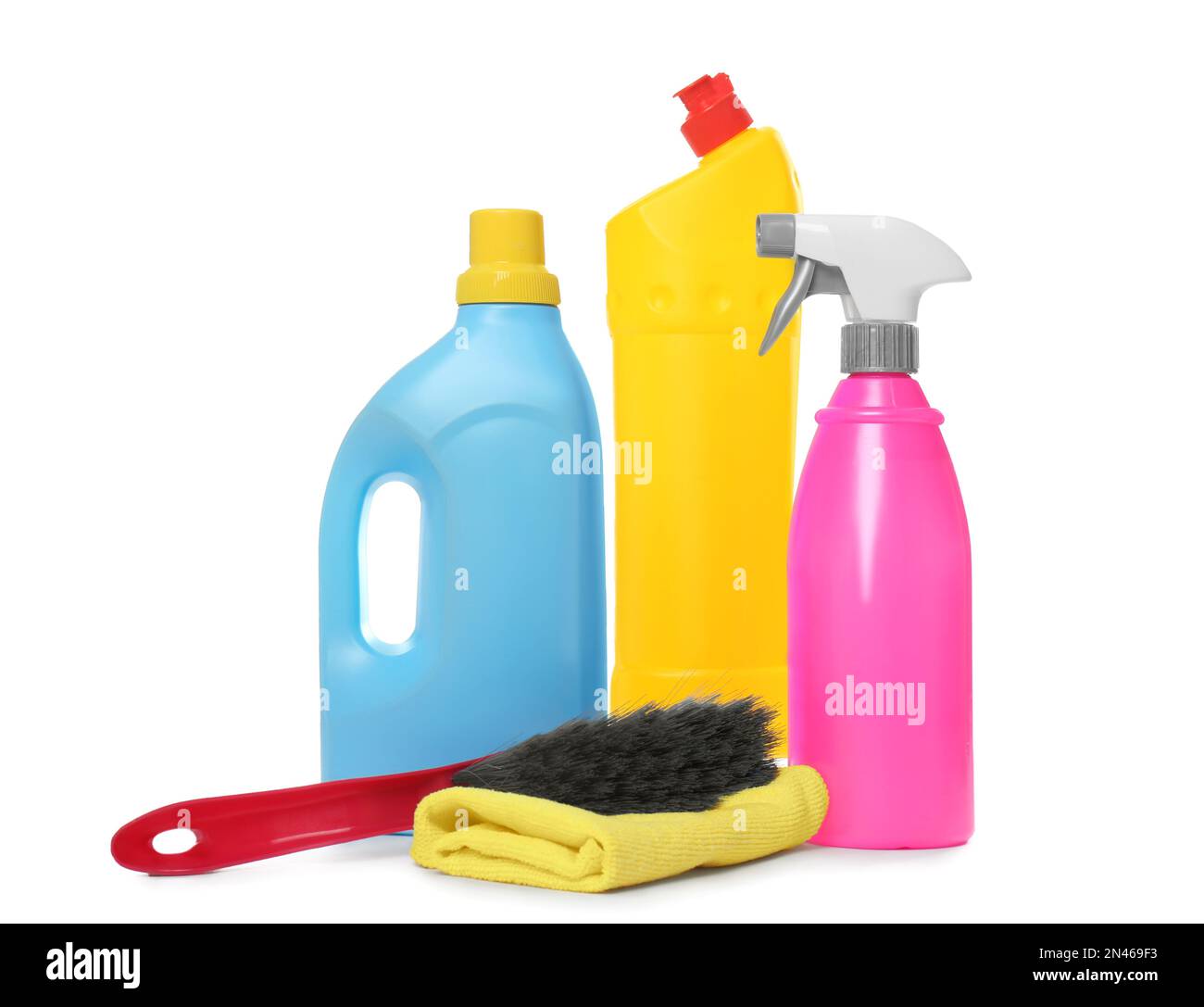 Different cleaning products and brush on white background Stock Photo ...