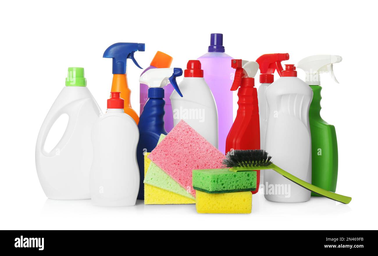 Different cleaning products and tools on white background Stock Photo ...