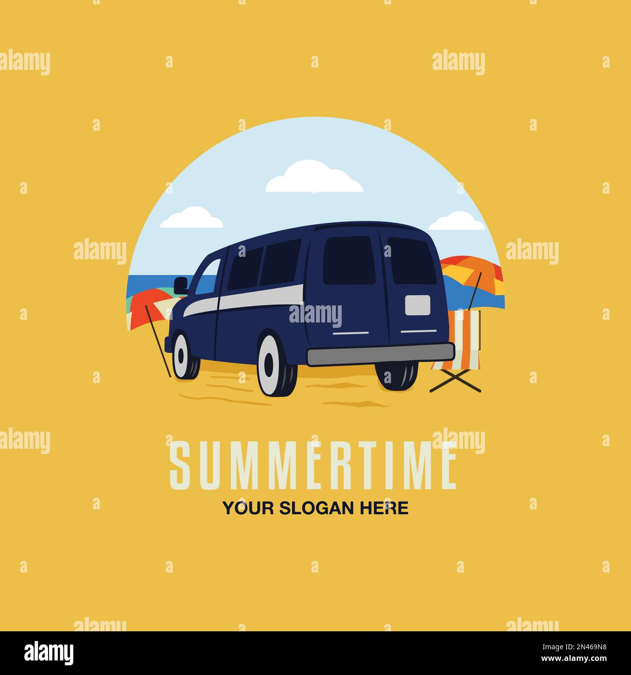 Summertime sufing badge design with rv caravan car on the beach. Travel ...