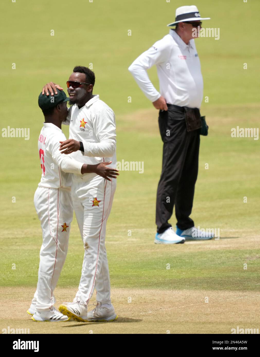 Zimbabwean players celebrate a wicket on the final day of the first ...