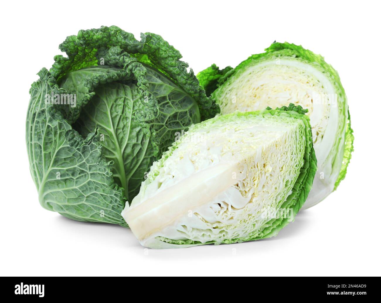 Whole and cut fresh savoy cabbages on white background Stock Photo - Alamy