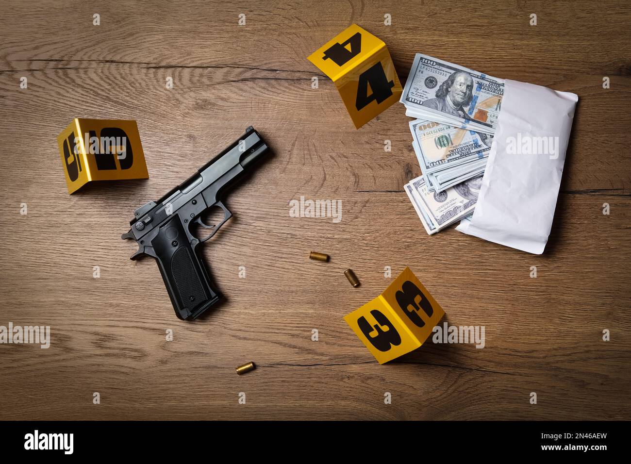 Flat lay composition with evidences and crime scene markers on wooden ...