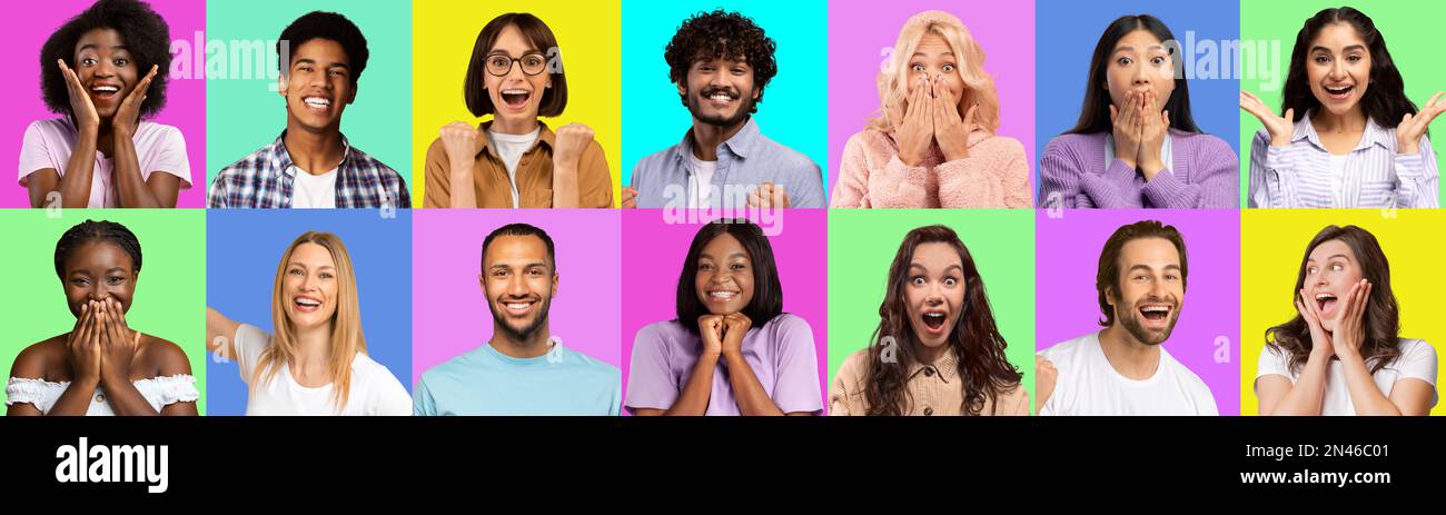 Mosaic of multicultural millennials grimacing on diverse backgrounds ...